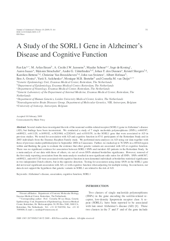 (PDF) A study of the SORL1 gene in Alzheimer's disease and cognitive ...