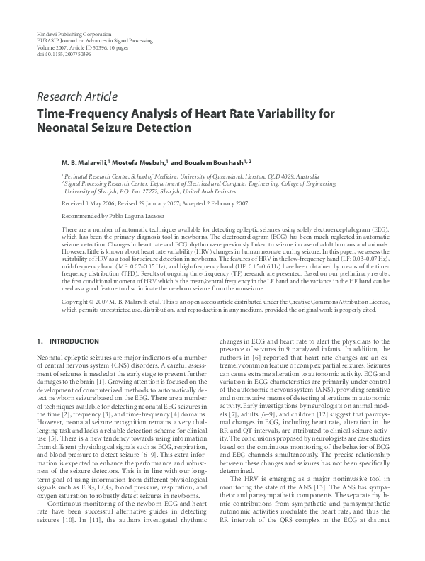 (PDF) Time-frequency analysis of heart rate variability for neonatal seizure detection