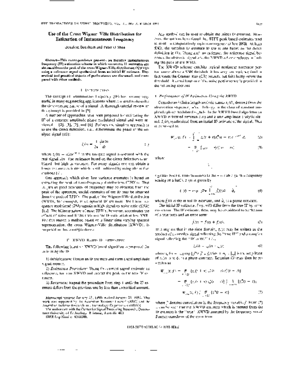 (PDF) Use of the cross Wigner-Ville distribution for estimation of instantaneous frequency