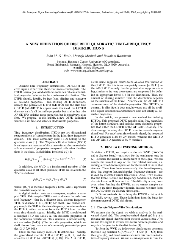 Pdf A New Definition Of Discrete Quadratic Time Frequency Distributions