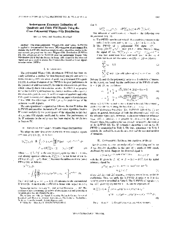Pdf Instantaneous Frequency Estimation Of Quadratic And Cubic Fm Signals Using The Cross 2272