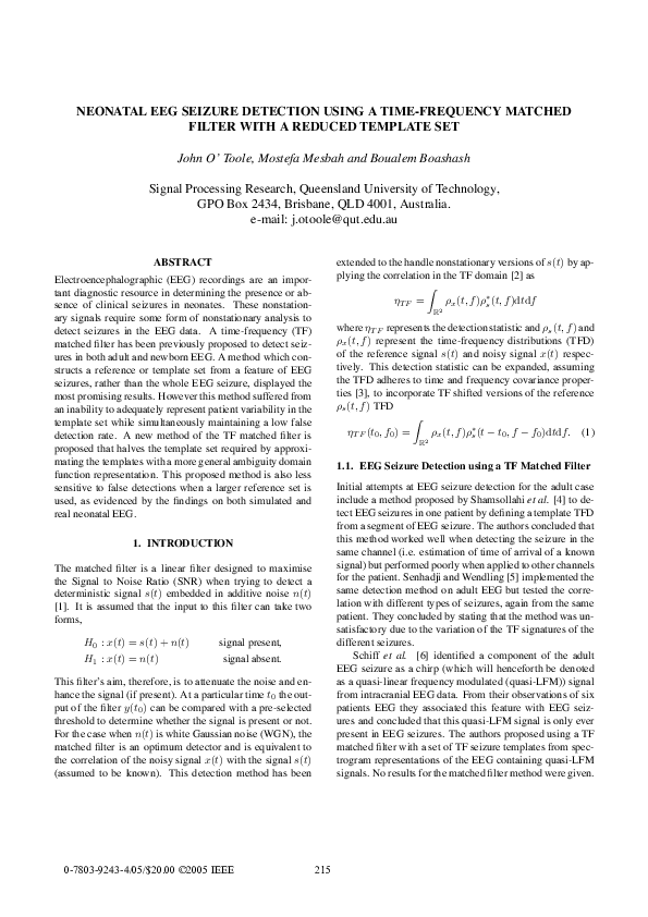 (PDF) Neonatal EEG seizure detection using a time-frequency matched ...