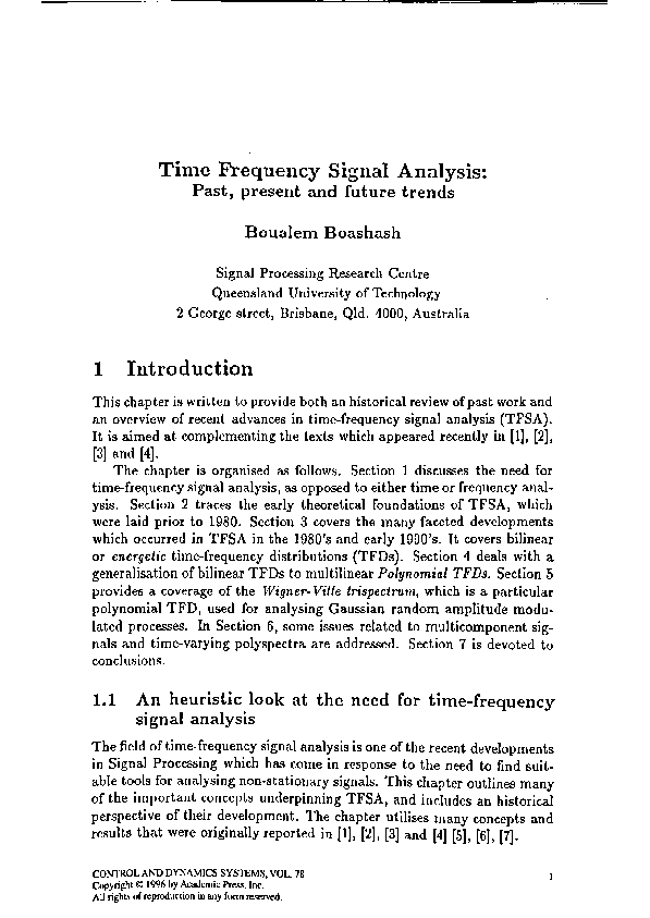 (PDF) Time frequency signal analysis: Past, present and future trends