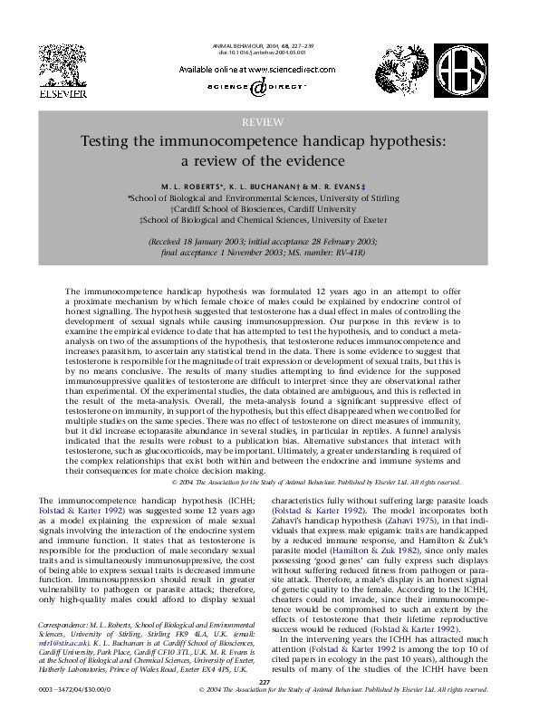 (PDF) Testing the immunocompetence handicap hypothesis: a review of the ...