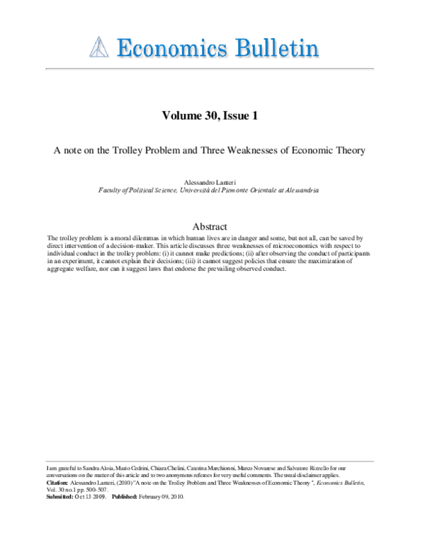 (PDF) A note on the Trolley Problem and Three Weaknesses of Economic Theory