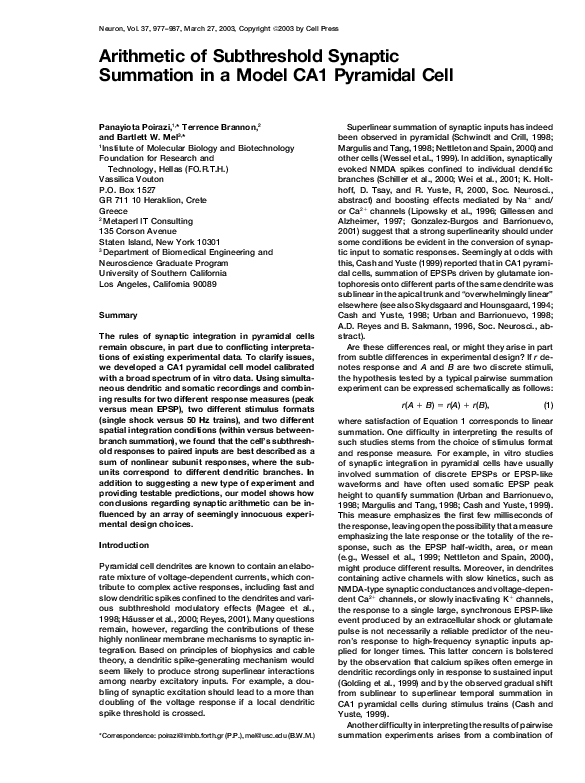 (PDF) Arithmetic of subthreshold synaptic summation in a model CA1 pyramidal cell