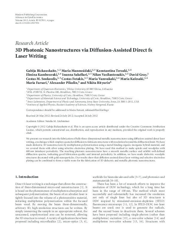 (PDF) 3D Photonic Nanostructures via Diffusion-Assisted Direct fs Laser Writing | Maria Farsari ...