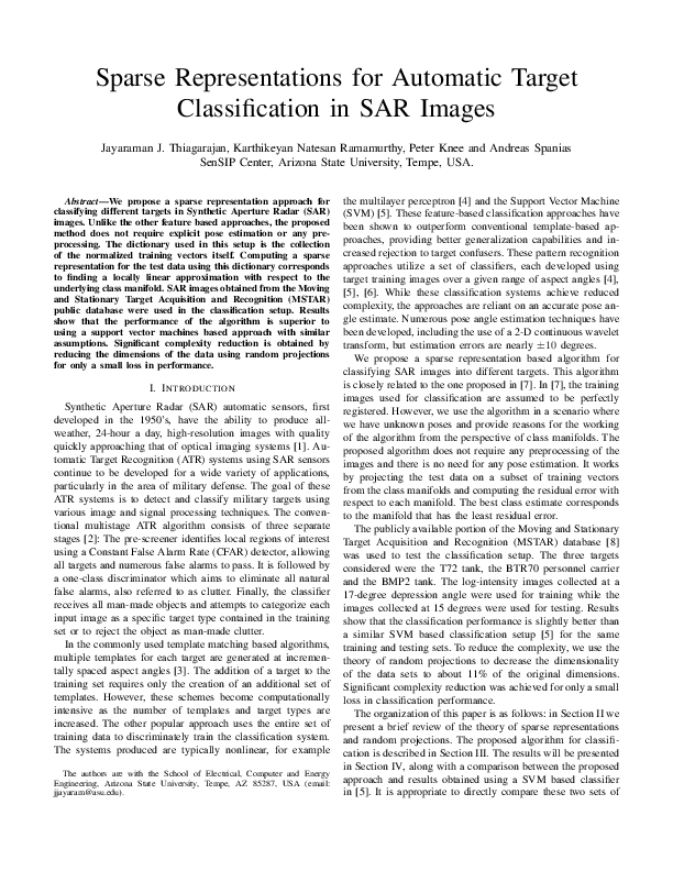 (PDF) Sparse representations for automatic target classification in SAR images