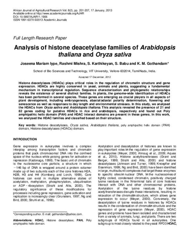 (PDF) Analysis of histone deacetylase families of Arabidopsis thaliana and Oryza sativa