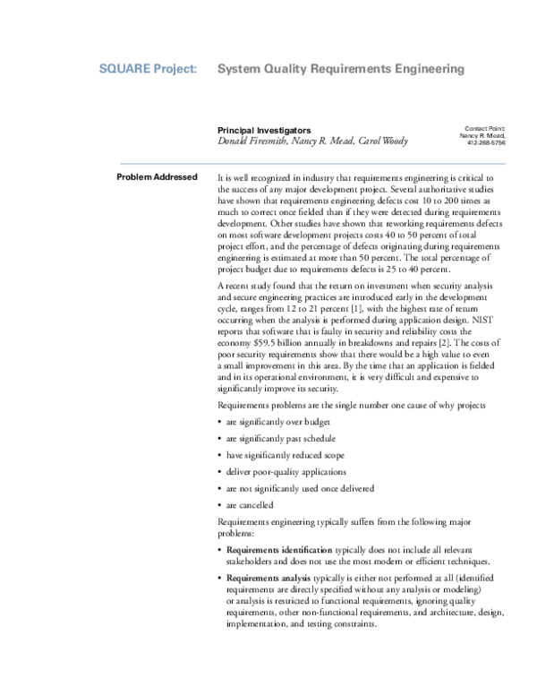 (PDF) SQUARE Project: System Quality Requirements Engineering