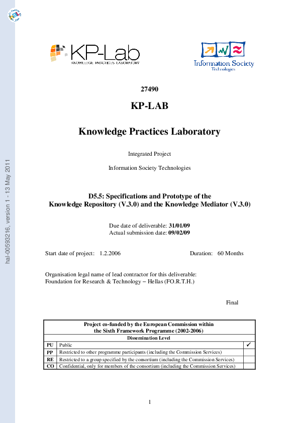 (PDF) KP-LAB Knowledge Practices Laboratory--Specifications and Prototype of the Knowledge ...