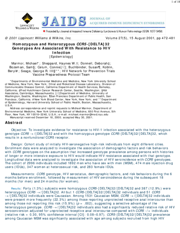 (PDF) Homozygous and Heterozygous CCR5-[DELTA] 32 Genotypes Are ...