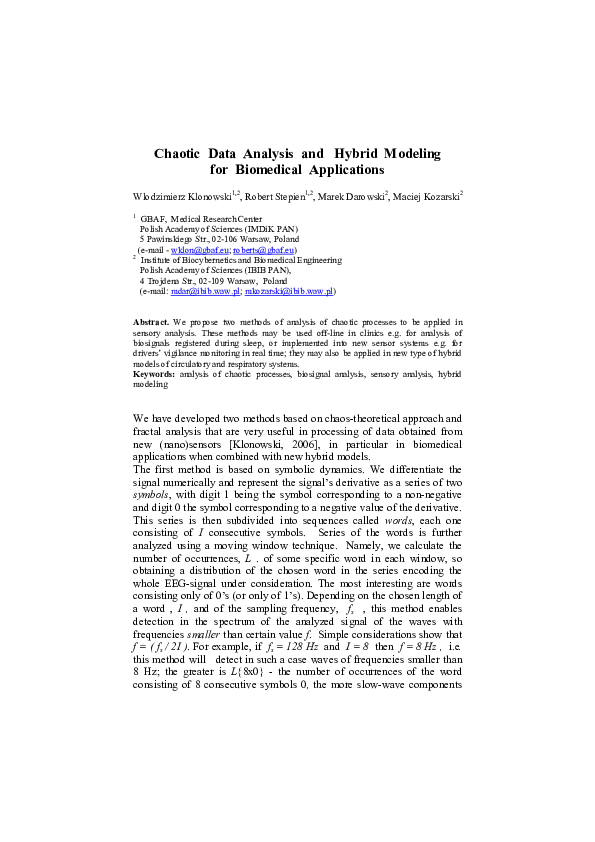 (PDF) Chaotic Data Analysis and Hybrid Modeling for Biomedical Applications