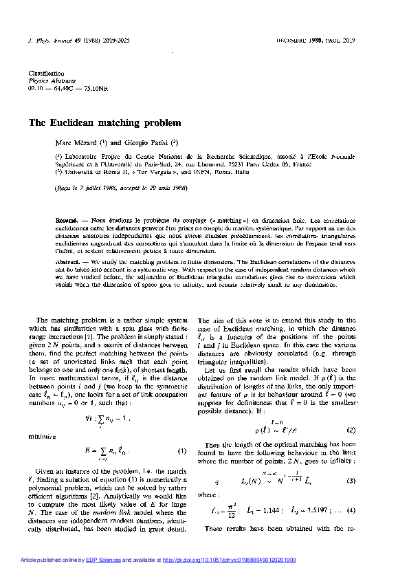 (PDF) The Euclidean matching problem