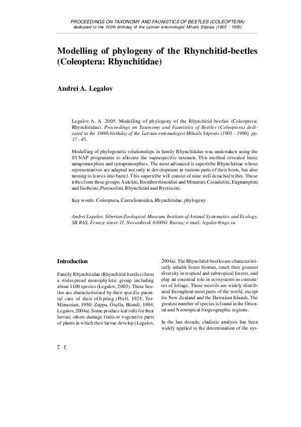 (PDF) Modelling of phylogeny of the Rhynchitid-beetles (Coleoptera ...