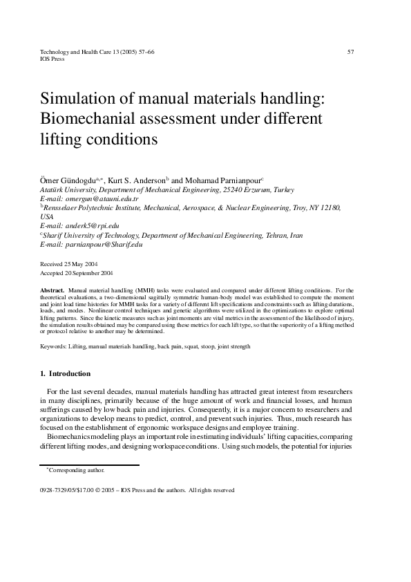 (PDF) Simulation of manual materials handling: Biomechanial assessment ...