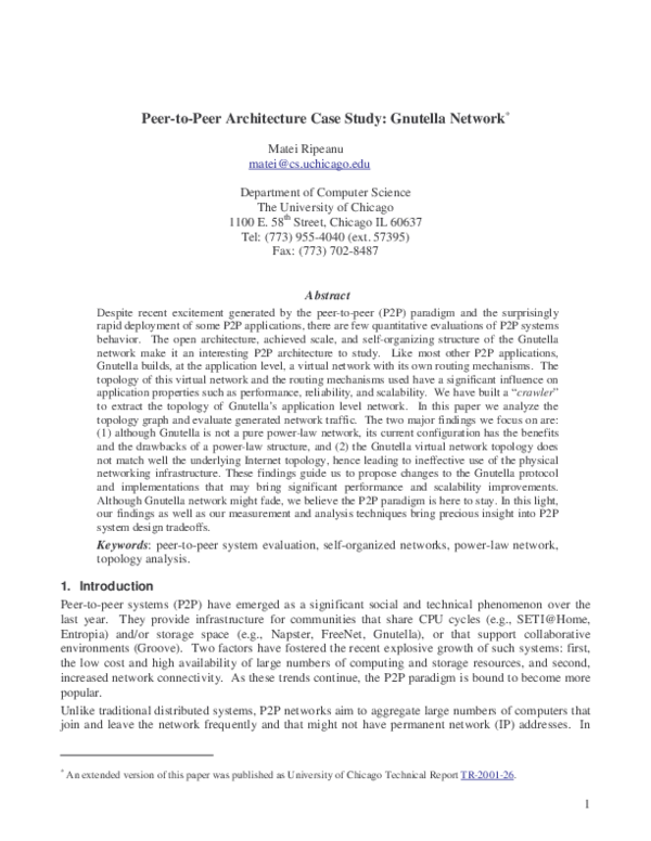 (PDF) Peer-to-peer architecture case study: Gnutella network