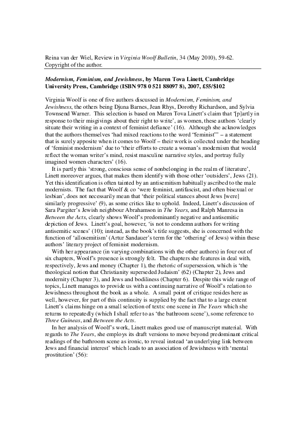 (PDF) Modernism, Feminism, and Jewishness. By Maren Tova Linett