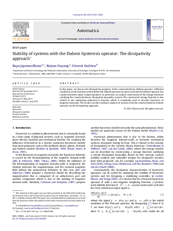 (PDF) Stability of systems with the Duhem hysteresis operator: The dissipativity approach