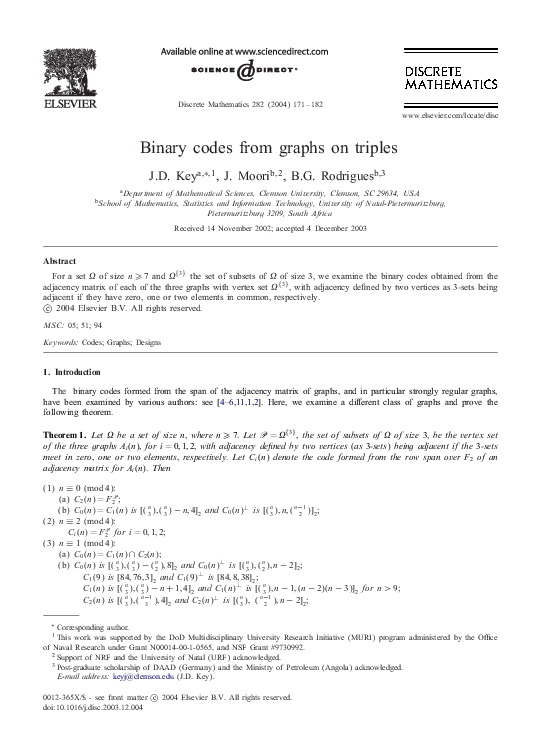 (PDF) Binary codes from graphs on triples