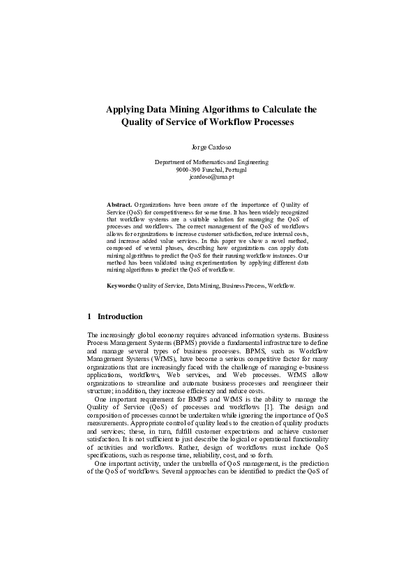 (PDF) Applying Data Mining Algorithms to Calculate the Quality of Service of Workflow Processes