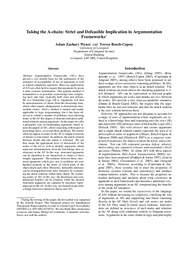 (PDF) Taking the a-chain: Strict and defeasible implication in argumentation frameworks