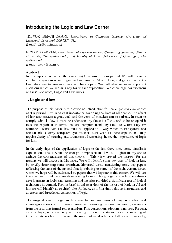 (PDF) Introducing the logic and law corner | Trevor Bench-Capon ...