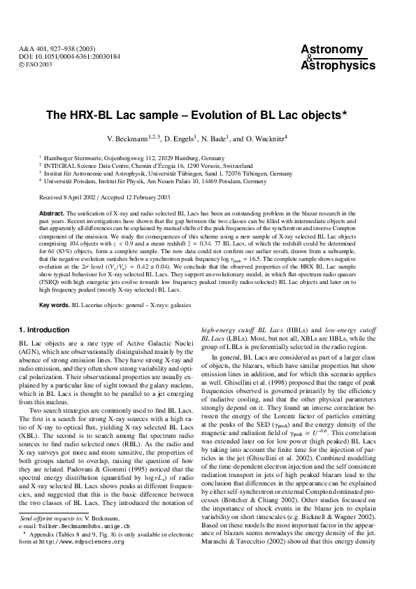 (PDF) The HRX-BL Lac sample - Evolution of BL Lac objects