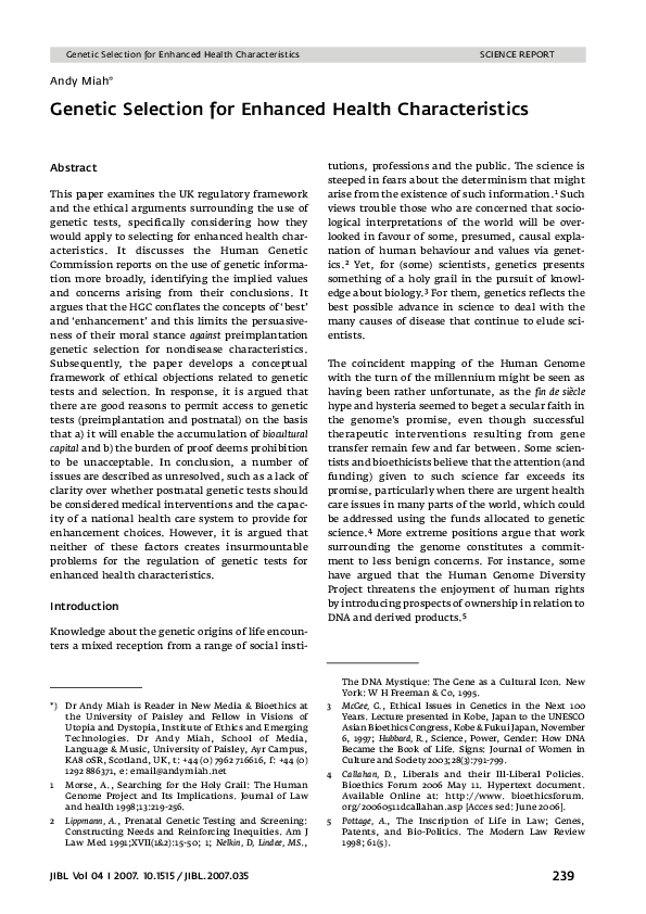 (PDF) Genetic Selection for Enhanced Health Characteristics SCIENCE REPORT