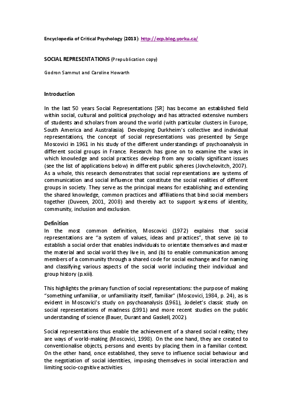 (PDF) SOCIAL REPRESENTATIONS