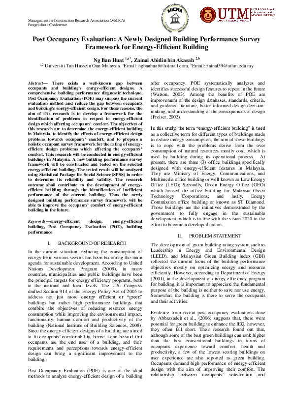 Pdf Post Occupancy Evaluation A Newly Designed Building Performance Survey Framework For