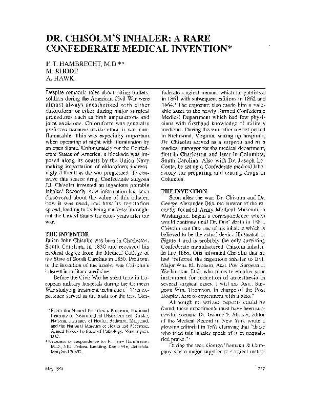 (PDF) Dr. Chisolm's Inhaler: A Rare Confederate Medical Invention