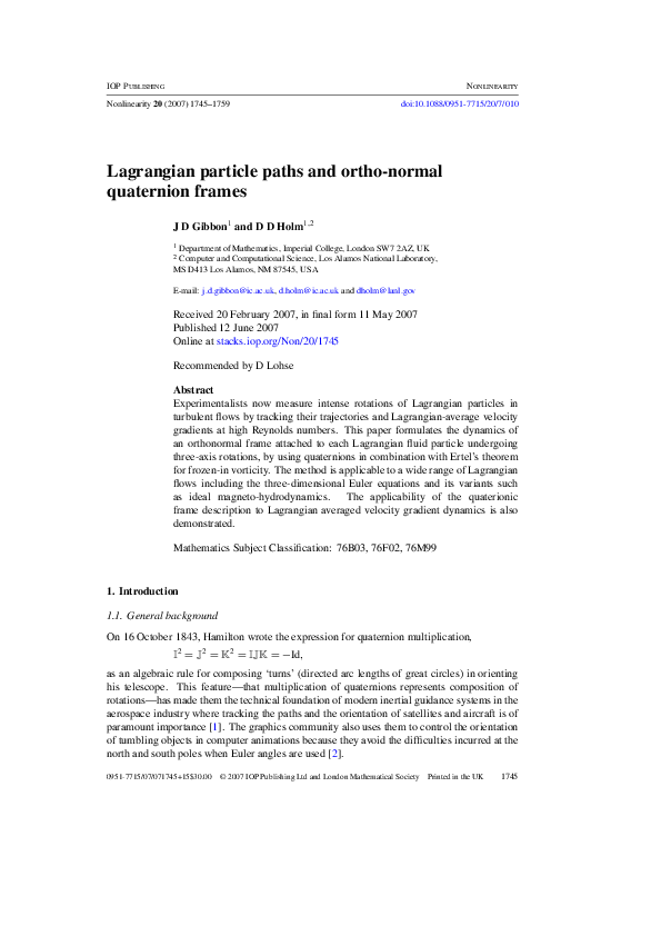 (PDF) Lagrangian particle paths and ortho-normal quaternion frames (PDF) Lagrangian particle paths and ortho-normal quaternion frames