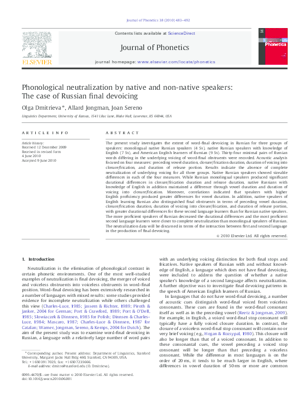 (PDF) Phonological neutralization by native and non-native speakers ...