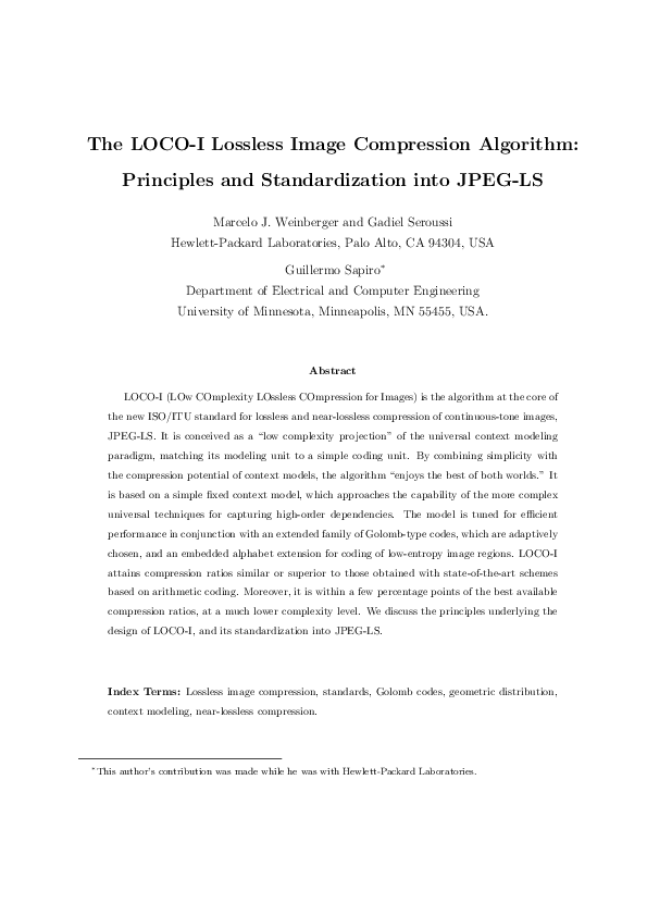 Pdf The Loco I Lossless Image Compression Algorithm Principles And Standardization Into Jpeg Ls 