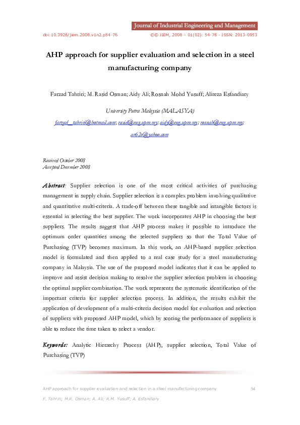Pdf Ahp Approach For Supplier Evaluation And Selection In A Steel Manufacturing Company
