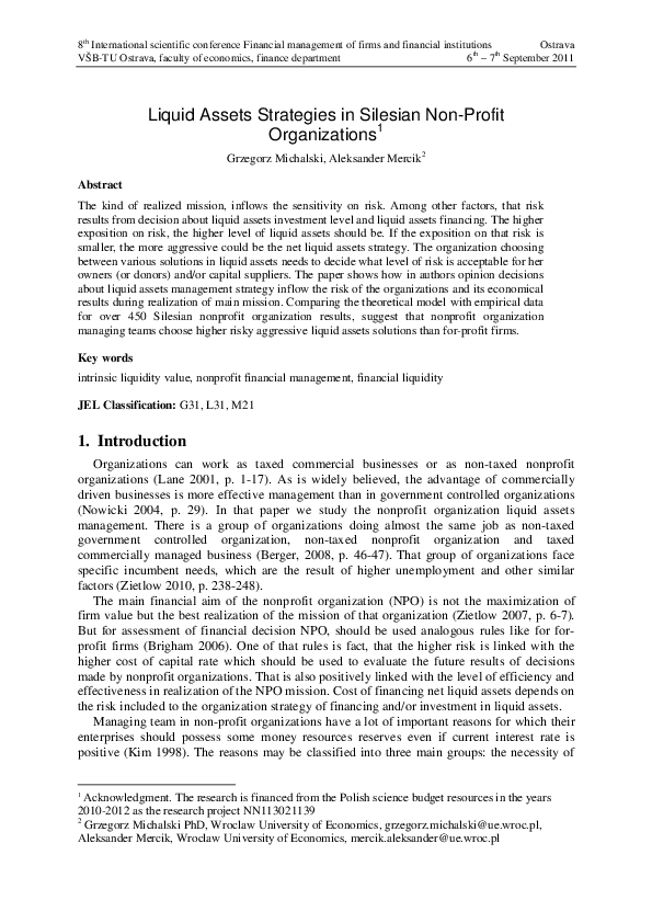 (PDF) Liquid Assets Strategies in Silesian Non-Profit Organizations