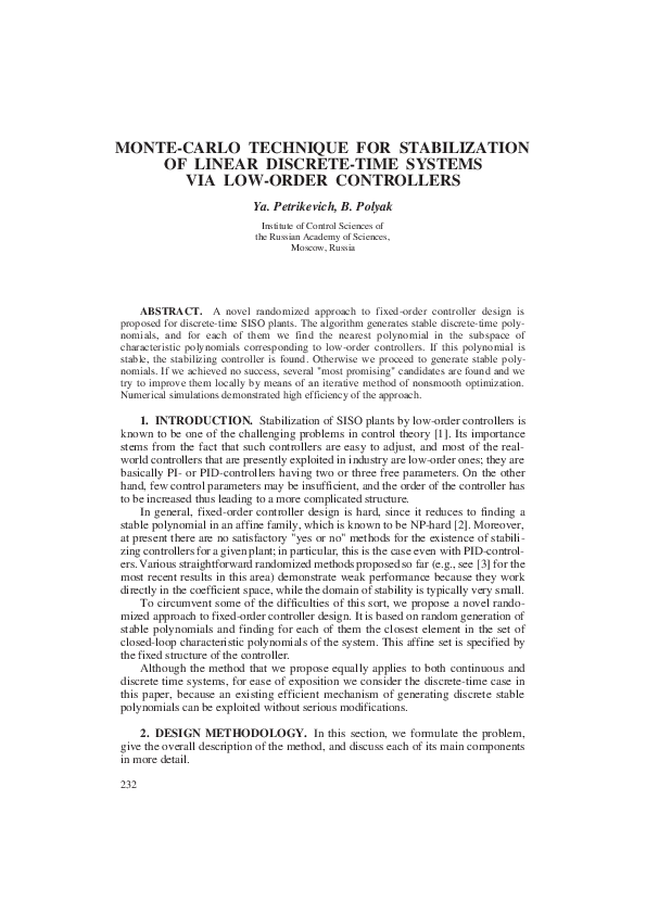 (PDF) MONTE-CARLO TECHNIQUE FOR STABILIZATION OF LINEAR DISCRETE-TIME SYSTEMS VIA LOW-ORDER ...