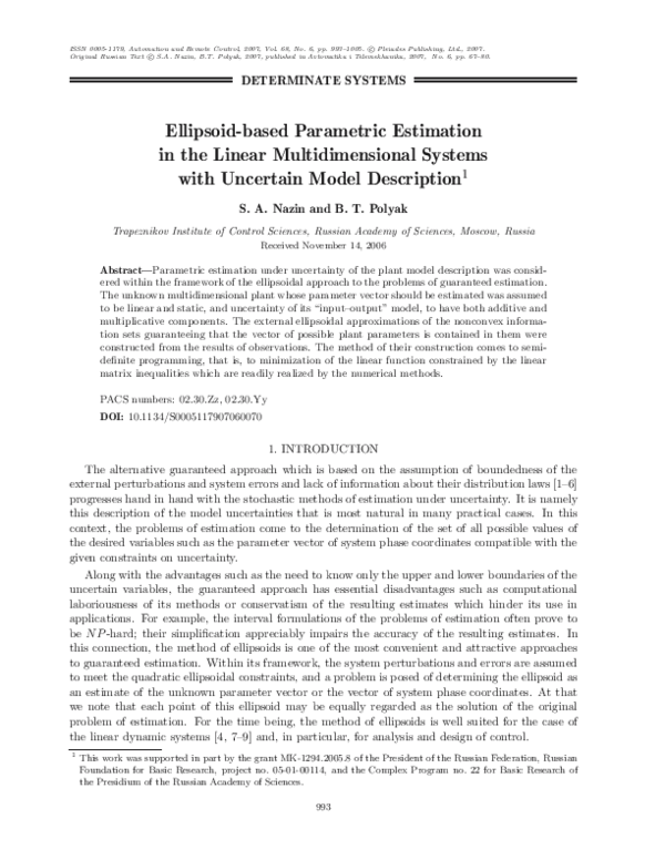 Pdf Ellipsoid Based Parametric Estimation In The Linear Multidimensional Systems With