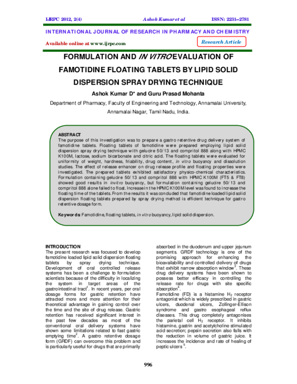 Pdf Formulation And In Vitro Evaluation Of Famotidine Floating Tablets By Lipid Solid