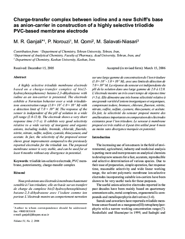 (PDF) Charge-transfer complex between iodine and a new Schiff's base as anion-carrier in ...