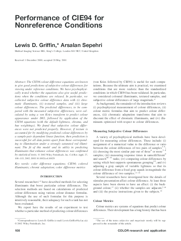 (PDF) Performance of CIE94 for nonreference conditions