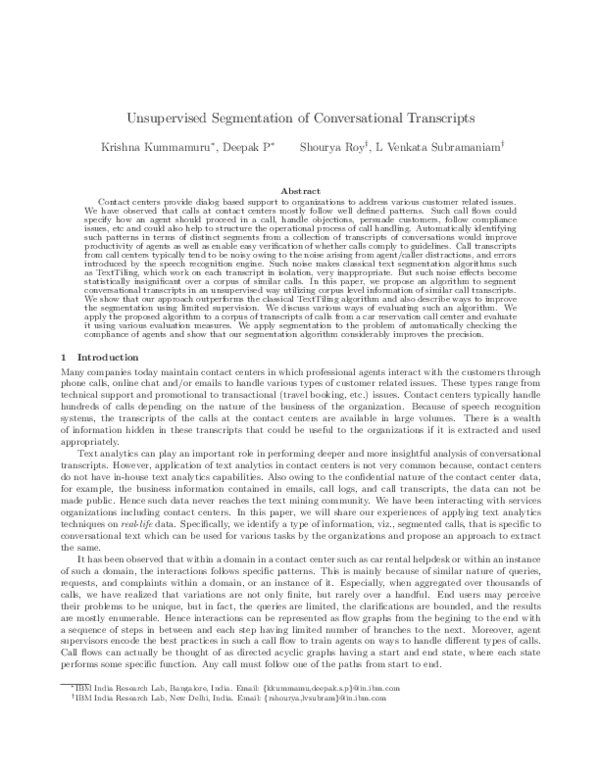 (PDF) Unsupervised segmentation of conversational transcripts (PDF) Unsupervised segmentation of conversational transcripts