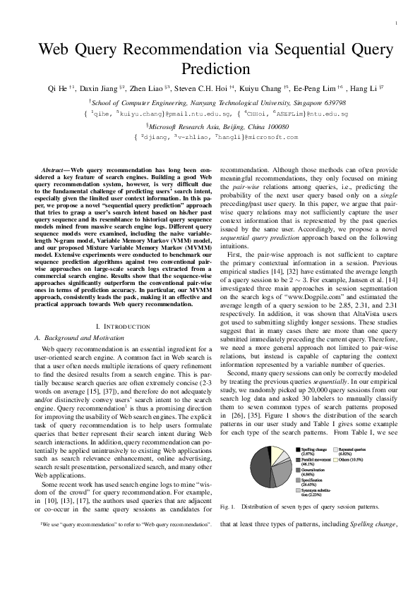 (PDF) Web query recommendation via sequential query prediction