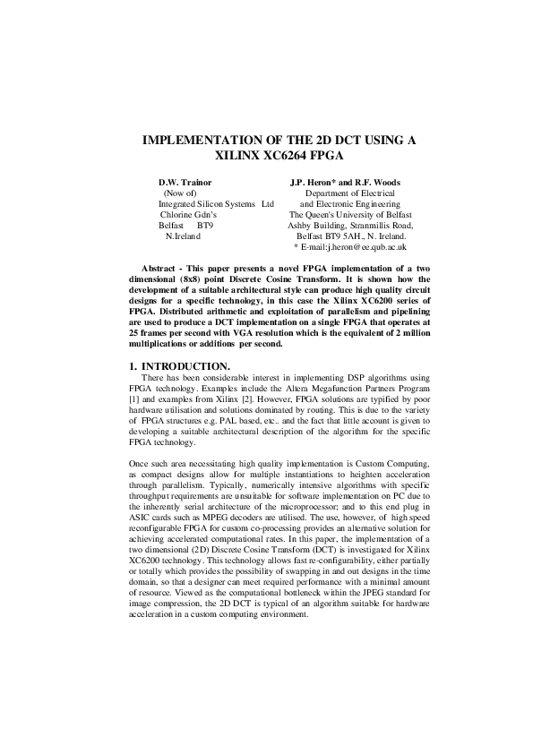 Pdf Implementation Of The 2d Dct Using A Xilinx Xc6264 Fpga