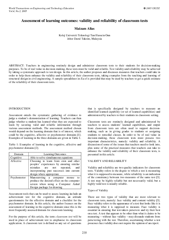 (PDF) Assessments of Learning Outcomes: Validity and Reliability of ...