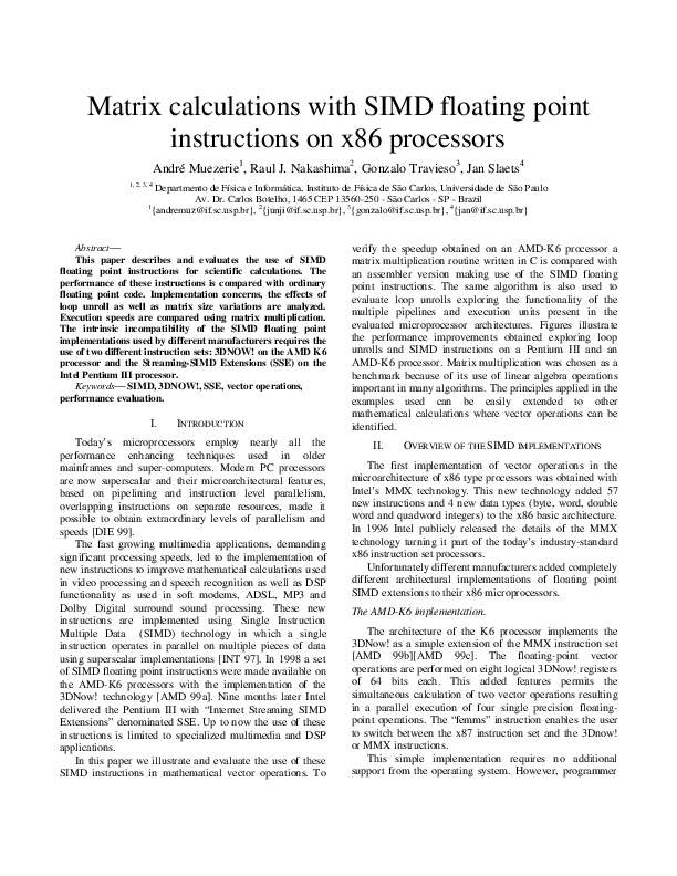 Pdf Matrix Calculations With Simd Floating Point Instructions On X86