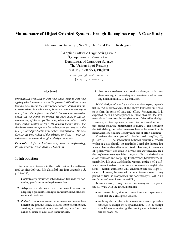 (PDF) Maintenance of object oriented systems through re-engineering: A case study