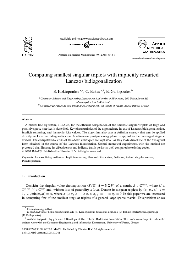 (PDF) Computing smallest singular triplets with implicitly restarted Lanczos bidiagonalization