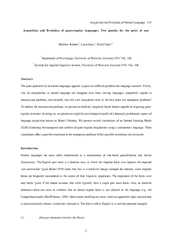 (PDF) Acquisition and evolution of quasi-regular languages: two puzzles ...
